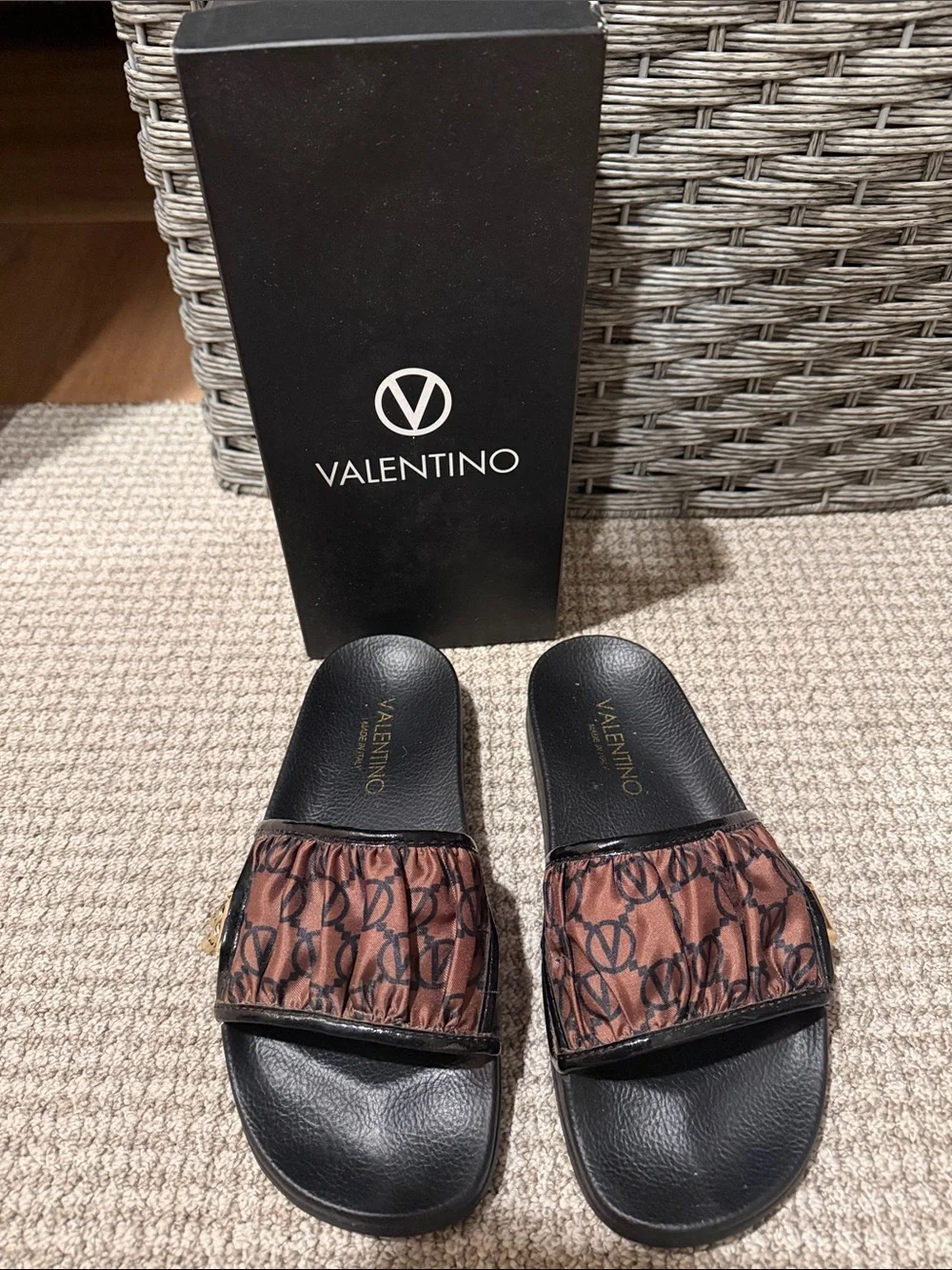 Valentino | Shoes | Valentino Brown And Black Logo Monogram Slide ...